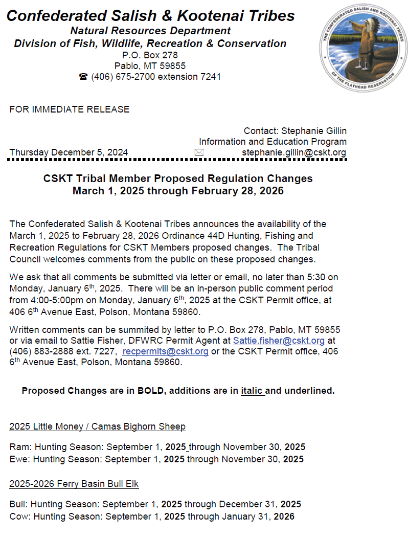 2025_2026 CSKT Tribal Member Proposed Regulation Changes Public Comment ...